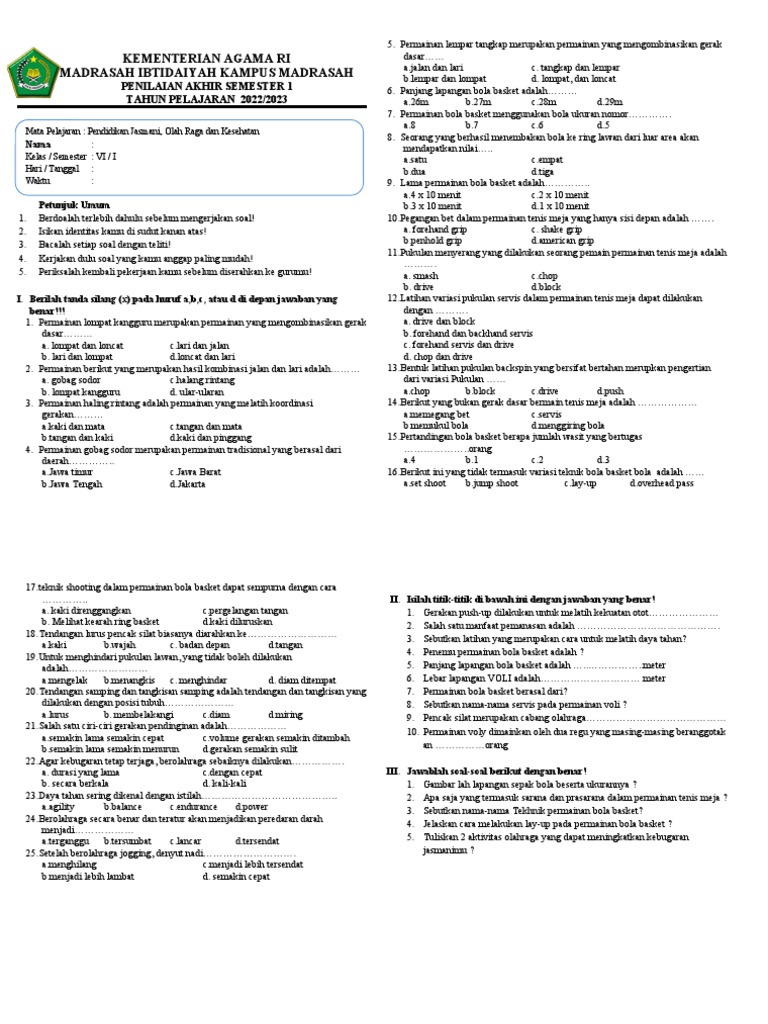 Soal PAS PJOK Kelas 6 SEMESTER 1 2022 - 2023 | PDF | Olahraga & Rekreasi