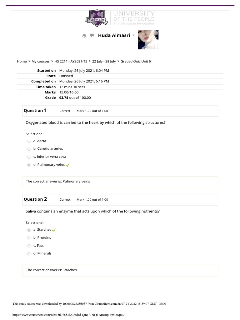 Graded Quiz Unit 6 Attempt Review | PDF | Atrium (Heart) | Vein