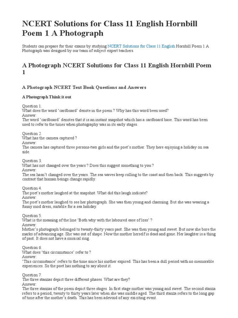 NCERT Solutions For Class 11 English Hornbill Poem 1 A Photograph | PDF ...