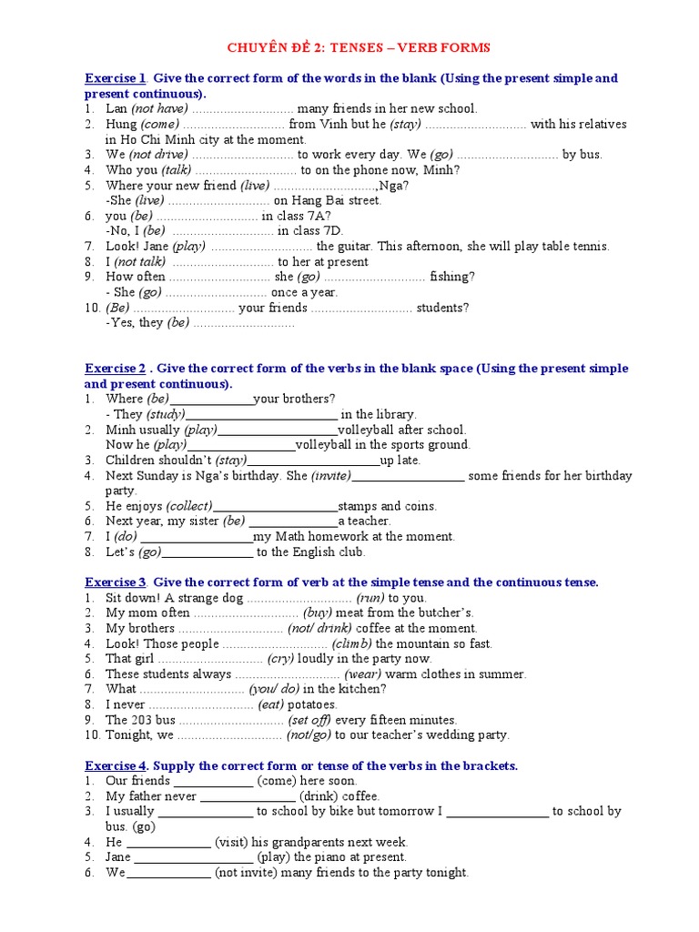 CHUYÊN ĐỀ BÀI TẬP ANH 6 HAY và KHÓ-GRAMMAR (VERB FORMS) | PDF