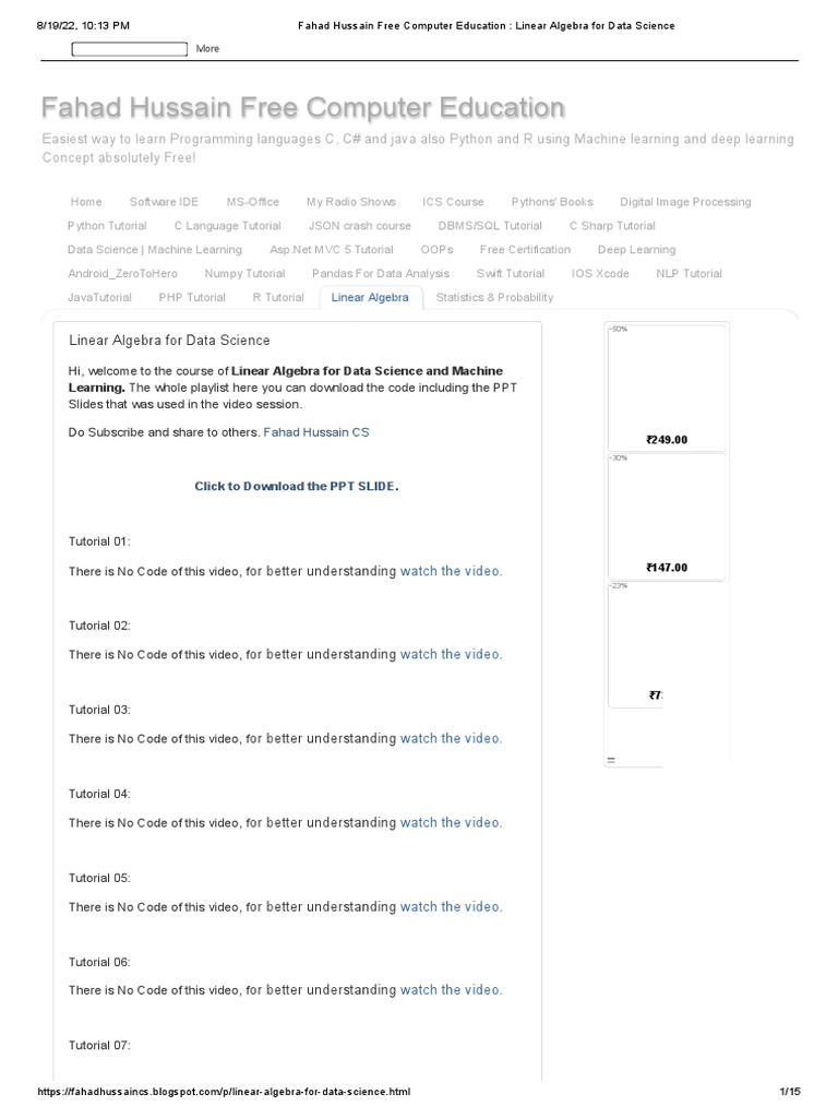 Fahad Hussain Free Computer Education - Linear Algebra For Data Science ...