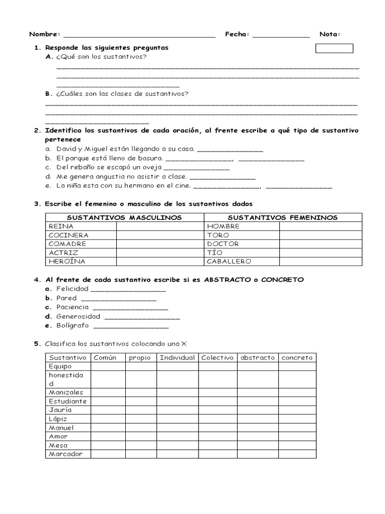 Evaluacion Sustantivos. | PDF