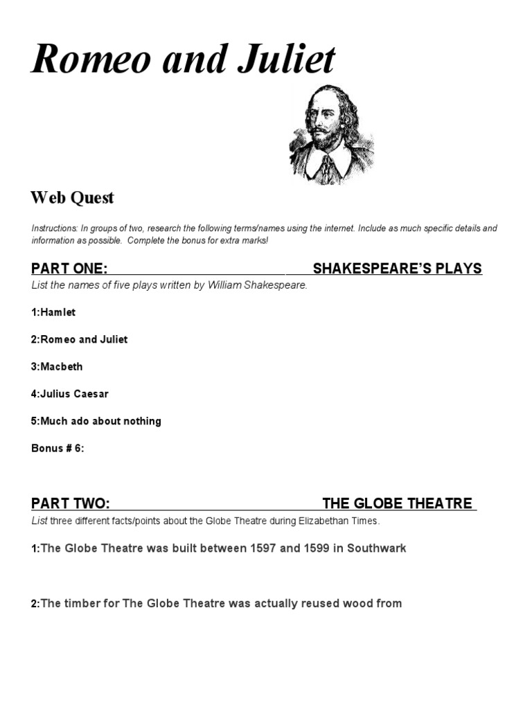 Romeo and Juliet Web Quest Guide | PDF | Characters In Romeo And Juliet ...