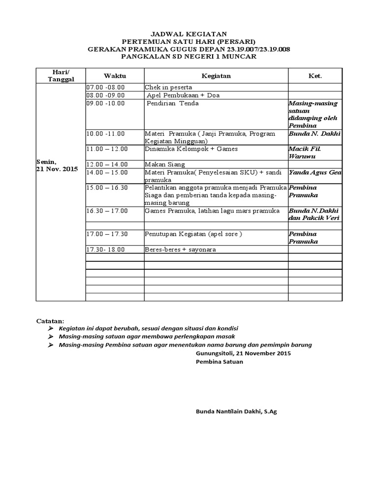Jadwal Kegiatan Persari | PDF