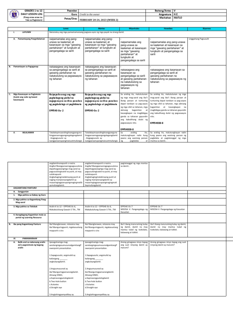 Grade 5 DLL H.E. 5 q3 Week 2 | PDF