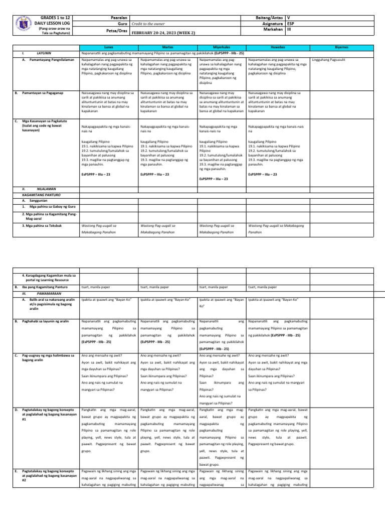 Grade 5 DLL Esp 5 q3 Week 2 | PDF