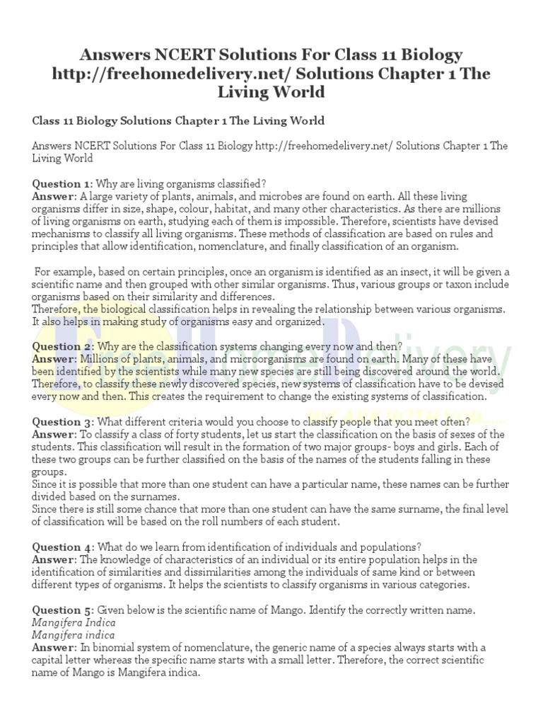 Answers NCERT Solutions For Class 11 Biology Part 1 Chapter 1 11 | PDF ...