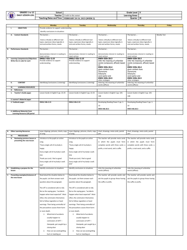 Grade 5 DLL English 5 q3 Week 2 | PDF | Learning | Linguistics