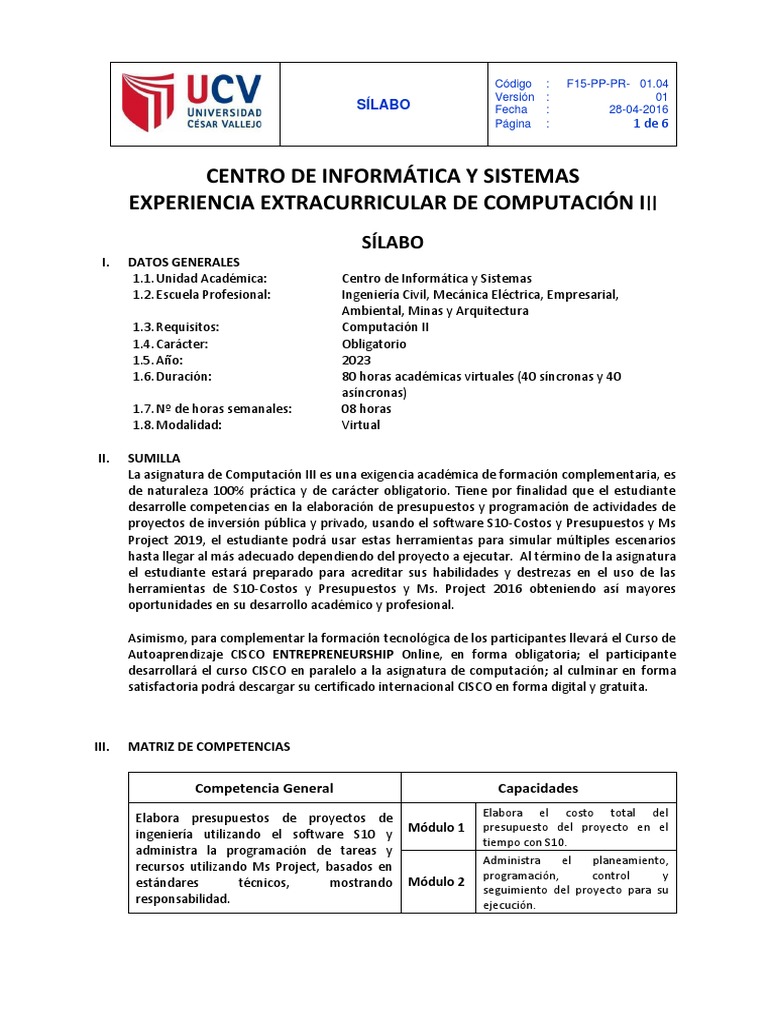 Silabo c3 Ing. Civil Mec - Elec Empre Amb Minas Arq Plan Antiguo. | PDF ...