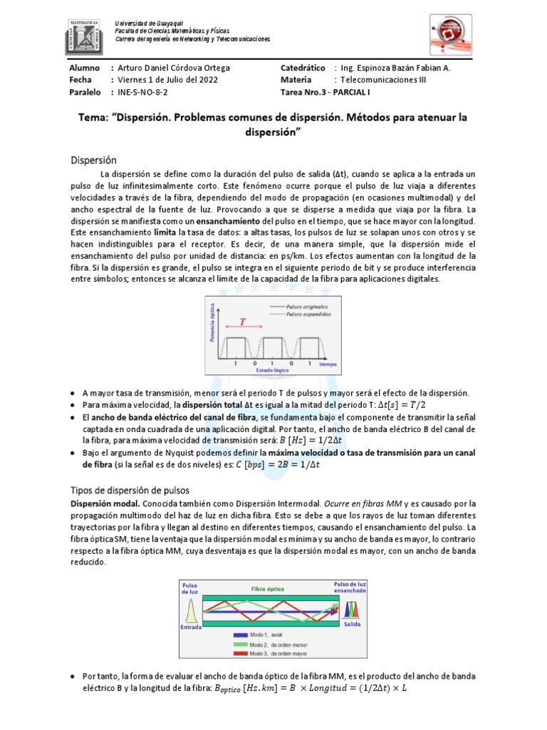 1P.Tarea Nro. 3 (Dispersión en FO) | PDF | Dispersión (óptica) | Óptica