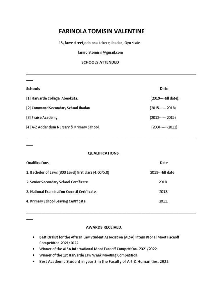 Farinola Tomisin Valentine CV | PDF | Common Law | Ethical Principles