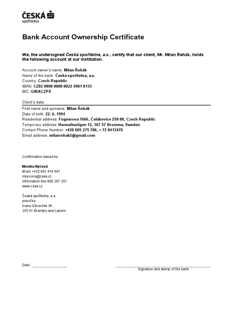 Bank Account Ownership Certificate | PDF