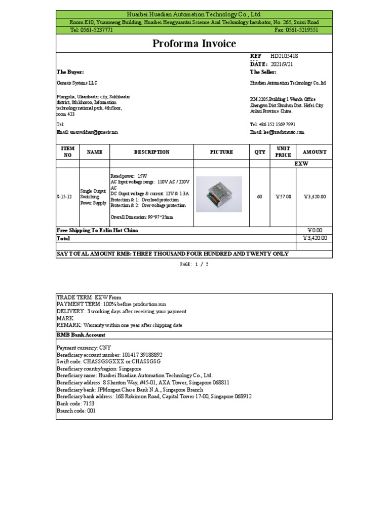 Proforma Invoice For S-15-12 Power Supply - HD2105418 | PDF | Power ...