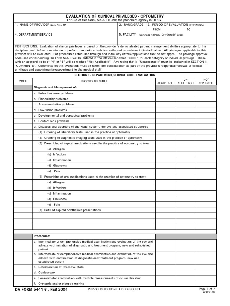 Main Da Form 5441 6 Evaluation Clinical Privileges Optometry | PDF ...