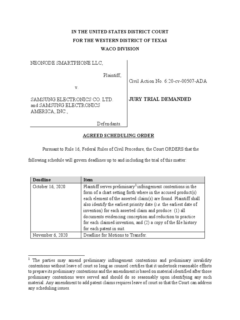 Neonode vs. Samsung: Scheduling Order | PDF | Discovery (Law) | Lawsuit