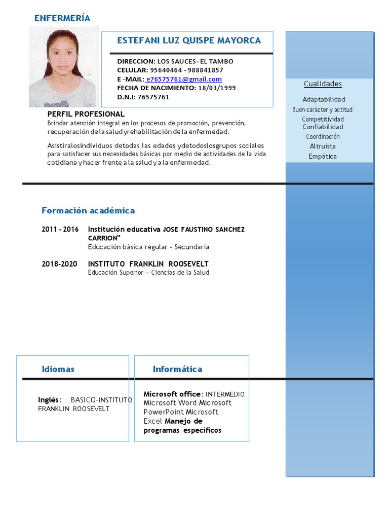 Curriculum Vitae - Estefani Luz Q Mayorca - Dni 76575761 | PDF | Enfermería