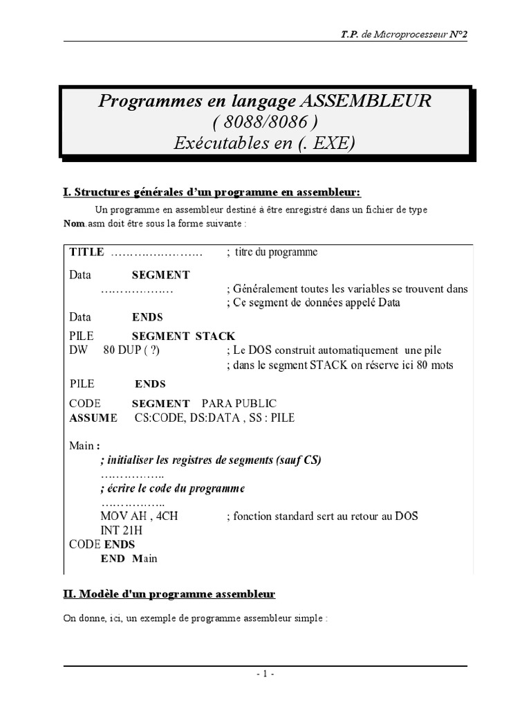 Programmes en Langage ASSEMBLEUR: (8088/8086) Exécutables en (. EXE ...