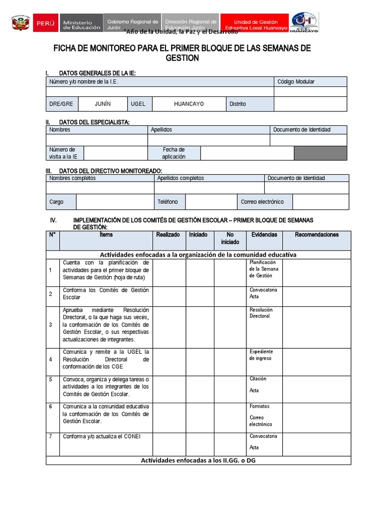 Ficha de Monitoreo para El Primer Bloque de Las Semanas de Gestion | Descargar gratis PDF ...