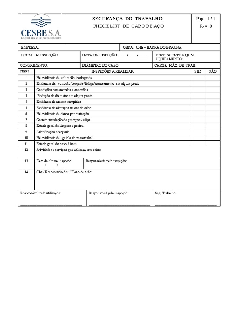 Check List de Cabo de Aço - 1 | PDF