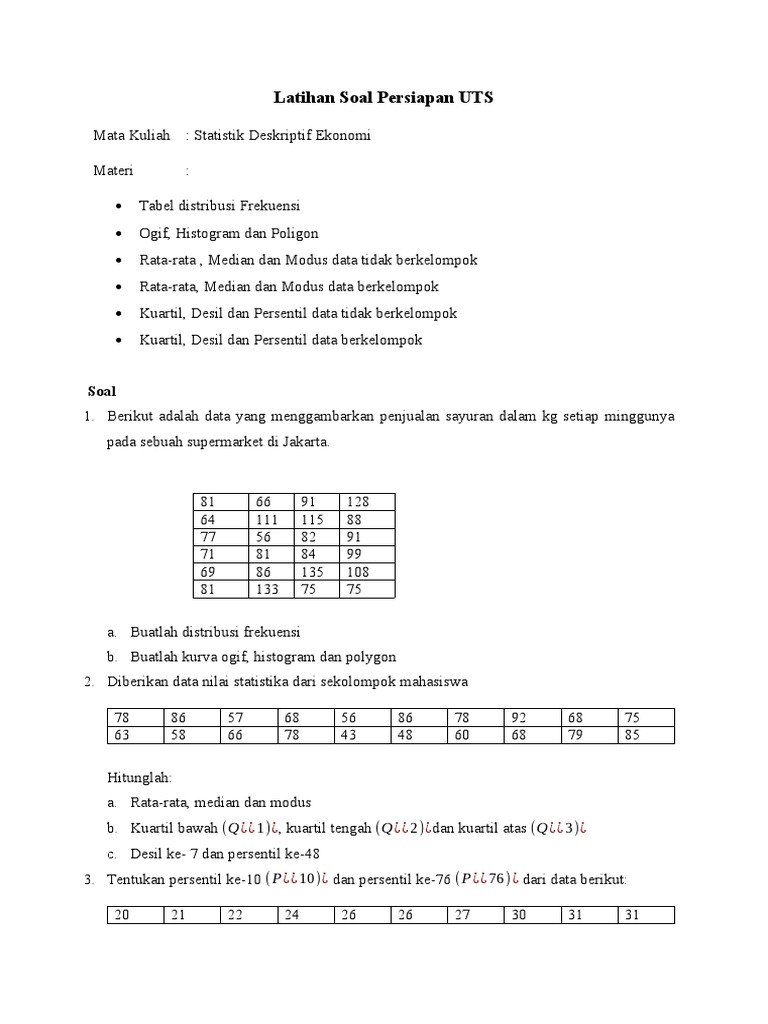 Latihan Soal Persiapan UTS Asistensi Statistik E3 | PDF | Metode & Bahan Ajar