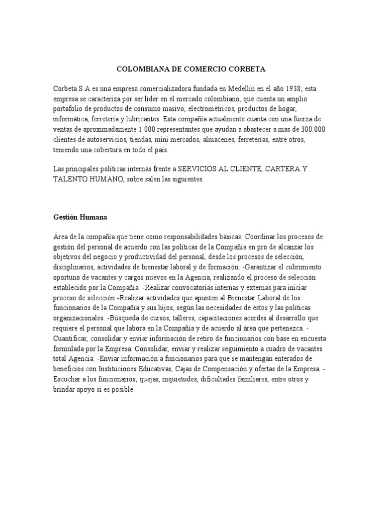 Corbeta S.A: Líder en Comercio Colombiano | PDF | Cliente | Servicio al ...