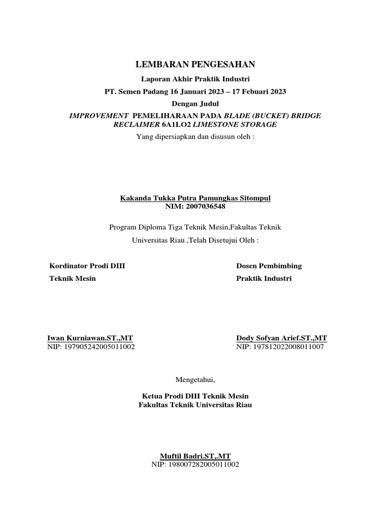 Lembar Pengesahan Pi Unri Format | PDF