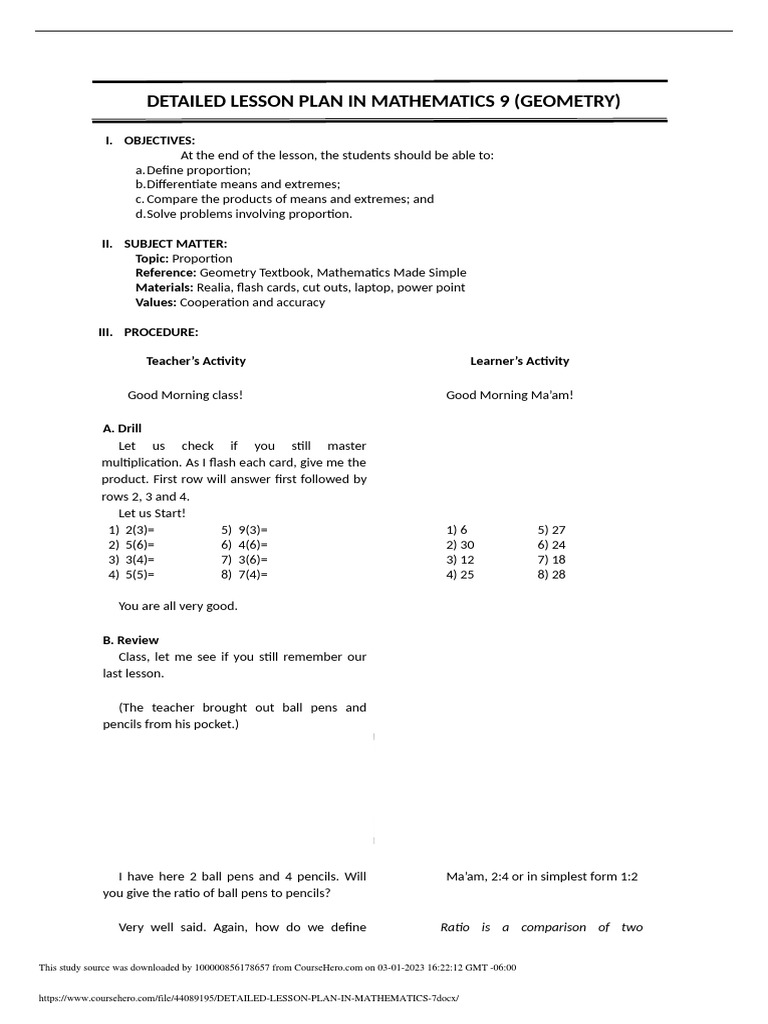 Detailed Lesson Plan in Mathematics 7 | PDF | Lesson Plan | Ratio