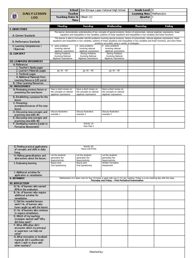 Sample Grade 8 DLL Q1W11 | PDF | Equations | Variable (Mathematics)