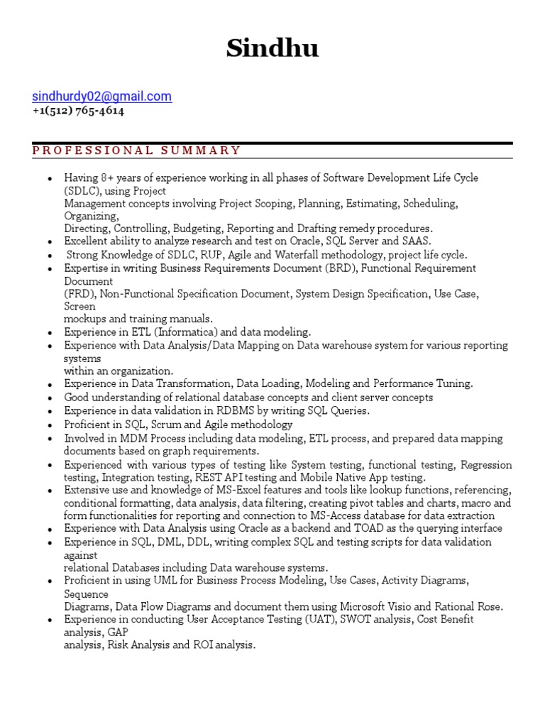 Sindhu BA Resume Rio | PDF | Scrum (Software Development) | Software Development Process