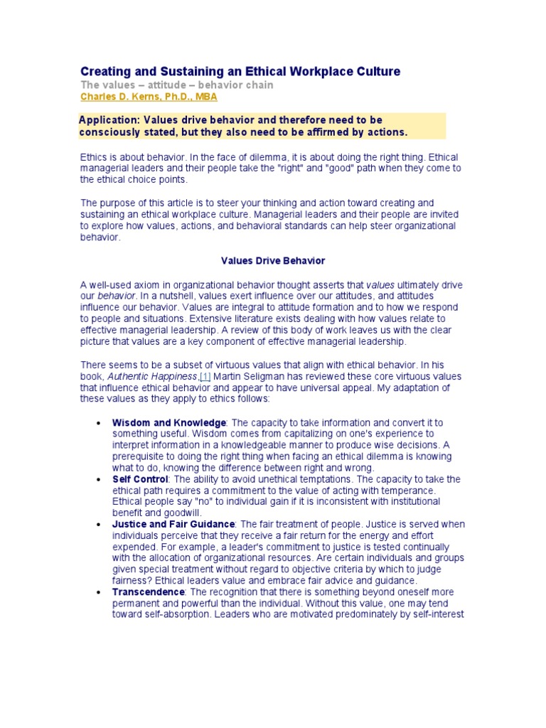 Creating And Sustaining An Ethical Workplace Culture Pdf Value