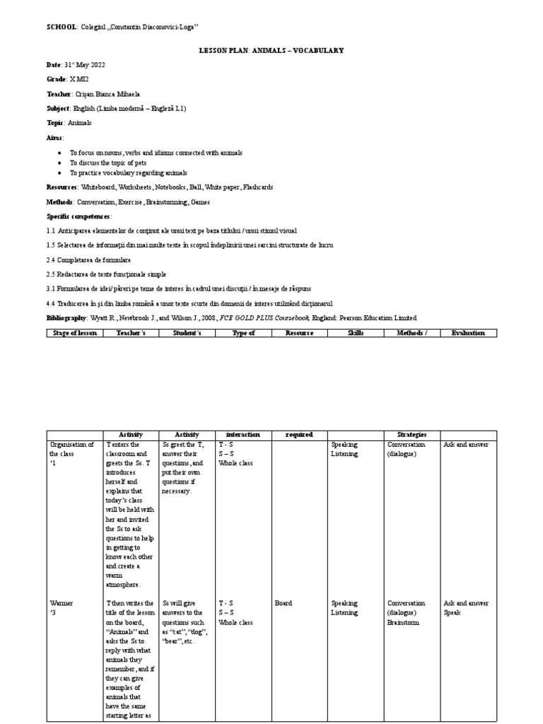 Lesson Plan - Animals and Pets X-A | PDF | Lesson Plan | Cognition