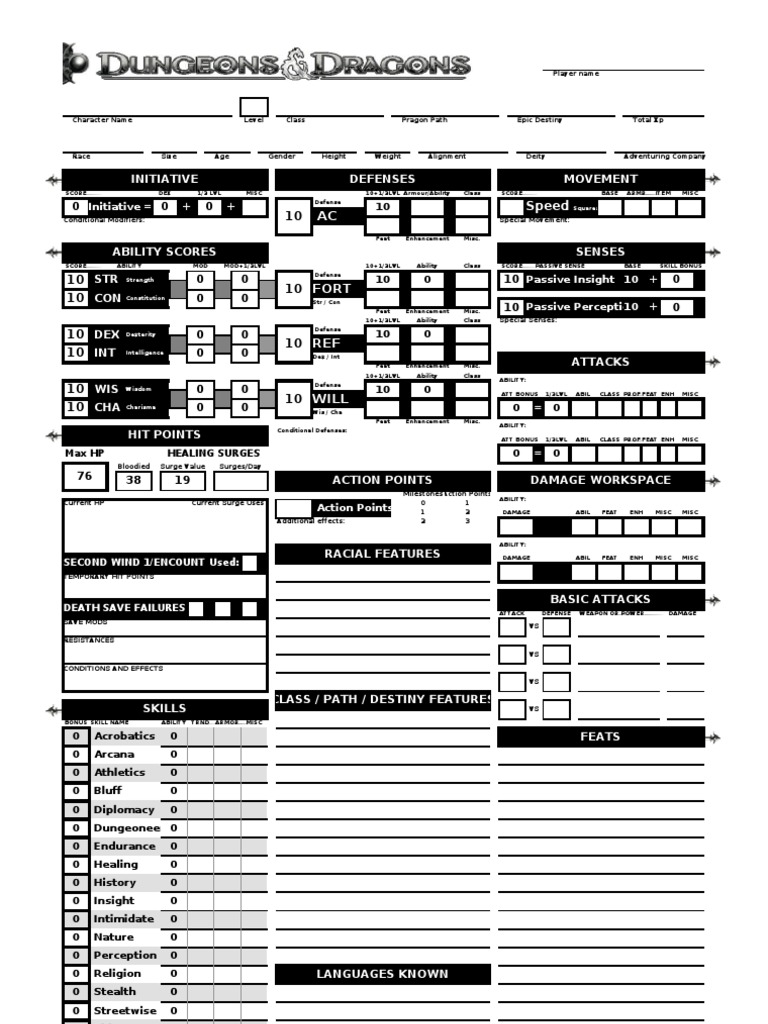 D&D 4E Character Sheet Template | PDF | Role Playing | Tabletop Games