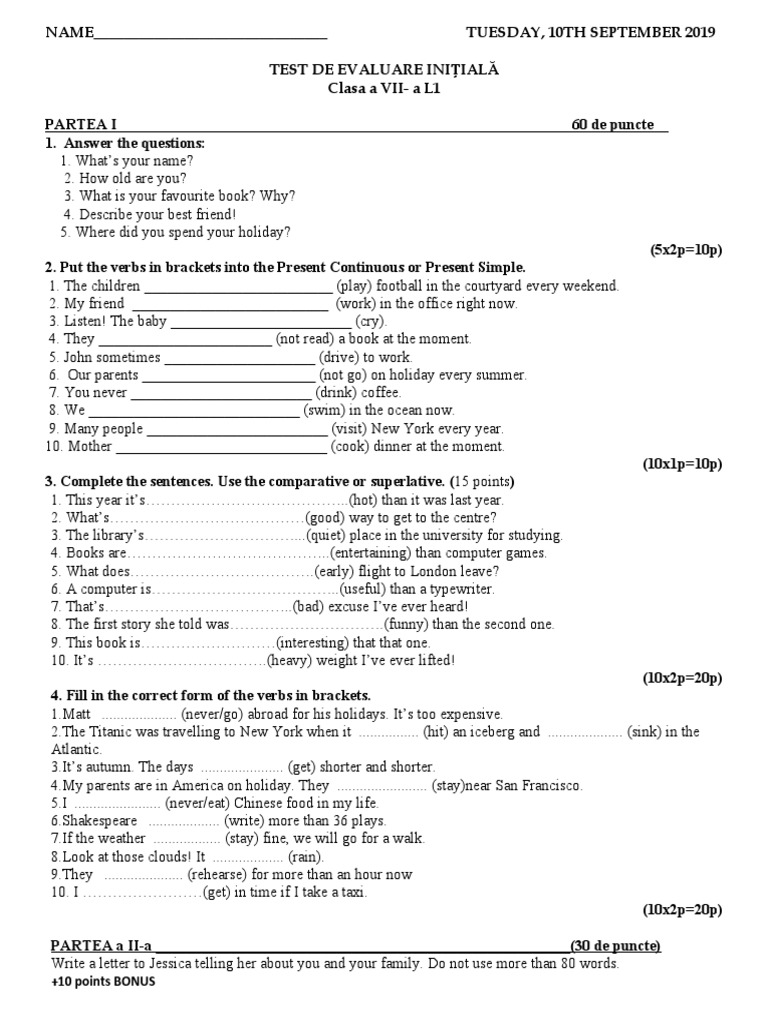 Test Initial Clasa aVIIa Lb. Engleza | PDF | Linguistics | Grammar