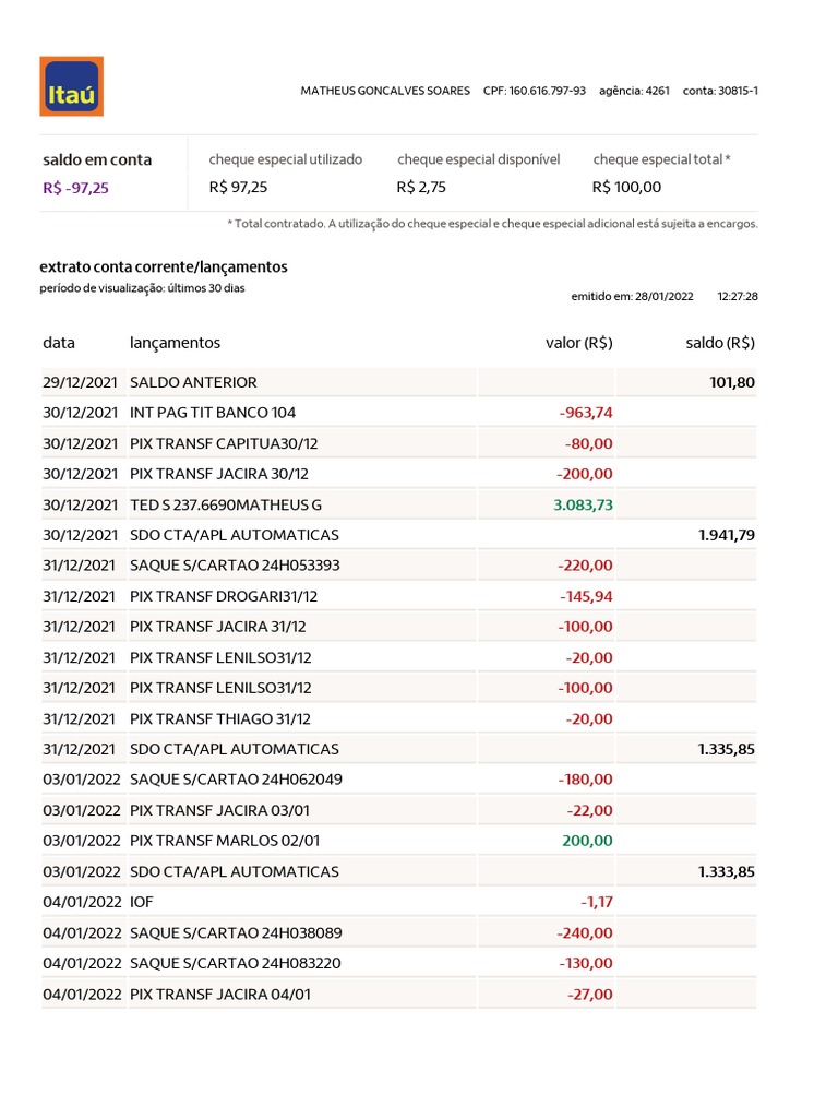 Extrato ITAU | PDF | Finanças pessoais | Dinheiro