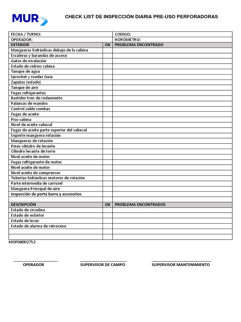 CHECK LIST DE INSPECCIÓN DIARIA PRE | PDF