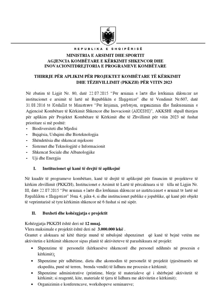 Thirrje Për Aplikim Për Projektet Kombëtare Të Kërkimit Dhe Të ...