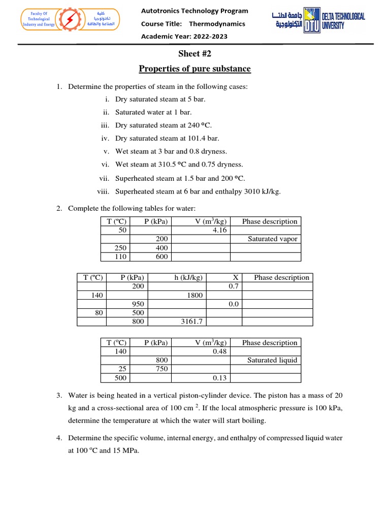 Sheet #2 | Download Free PDF | Steam | Enthalpy