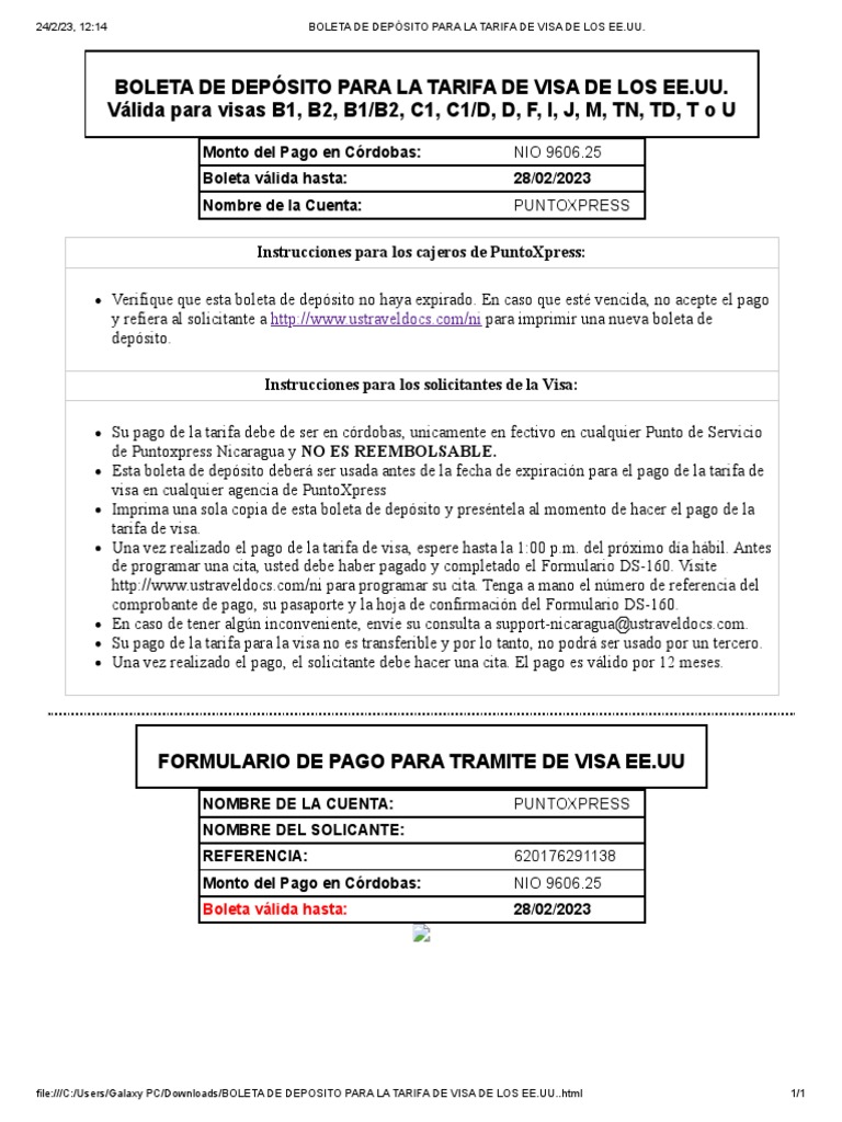 Boleta de Depósito para Visa EE.UU. | PDF | Visa de viaje | Ley ...