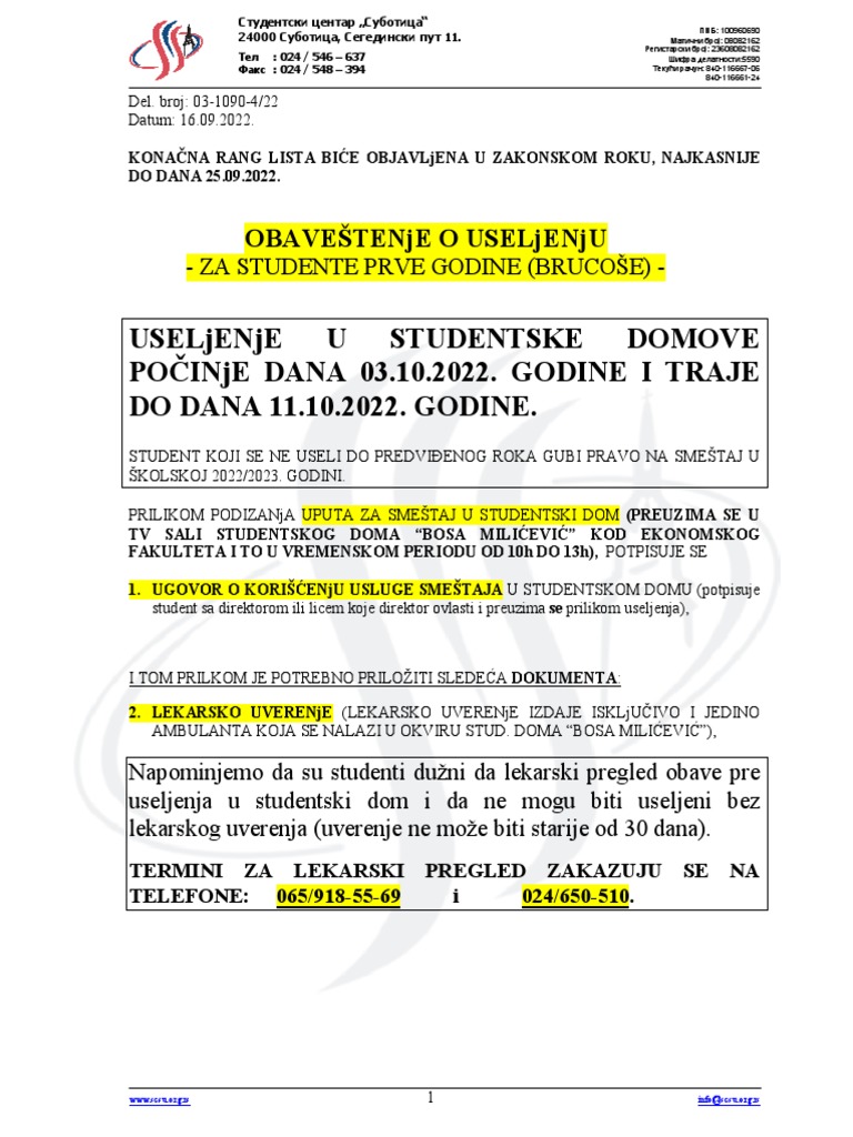 UCOSI Obavestenje o Useljenju 22-23 | PDF