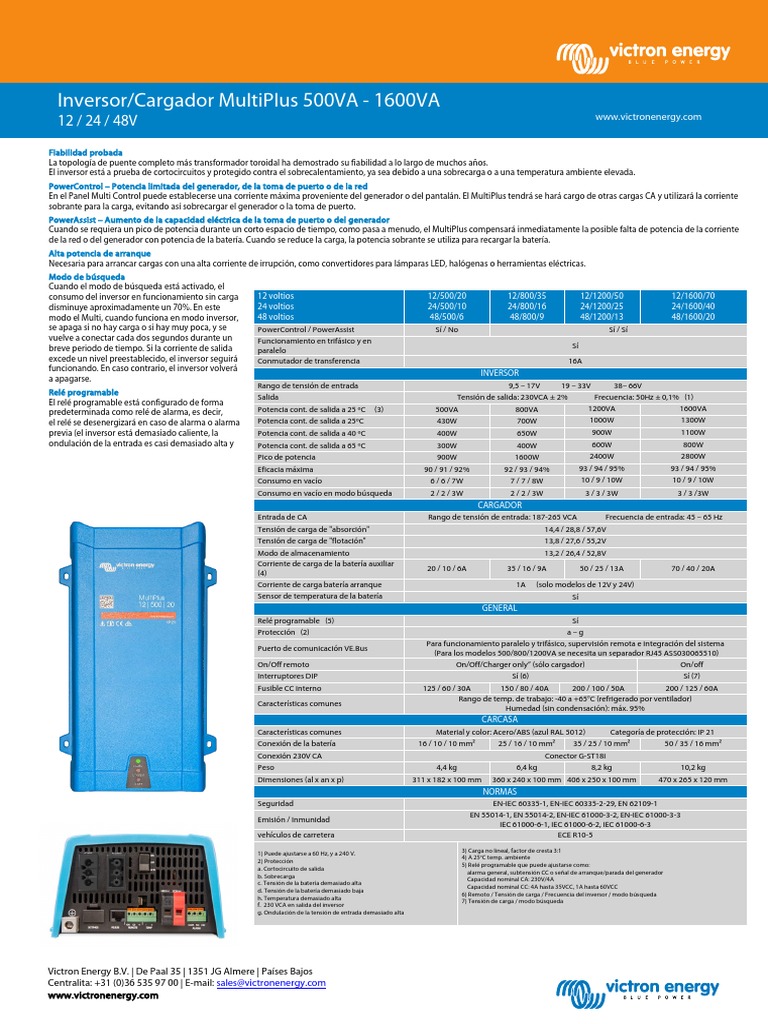 Ficha Victron MultiPlus 500VA 1600VA | PDF | Generador eléctrico ...