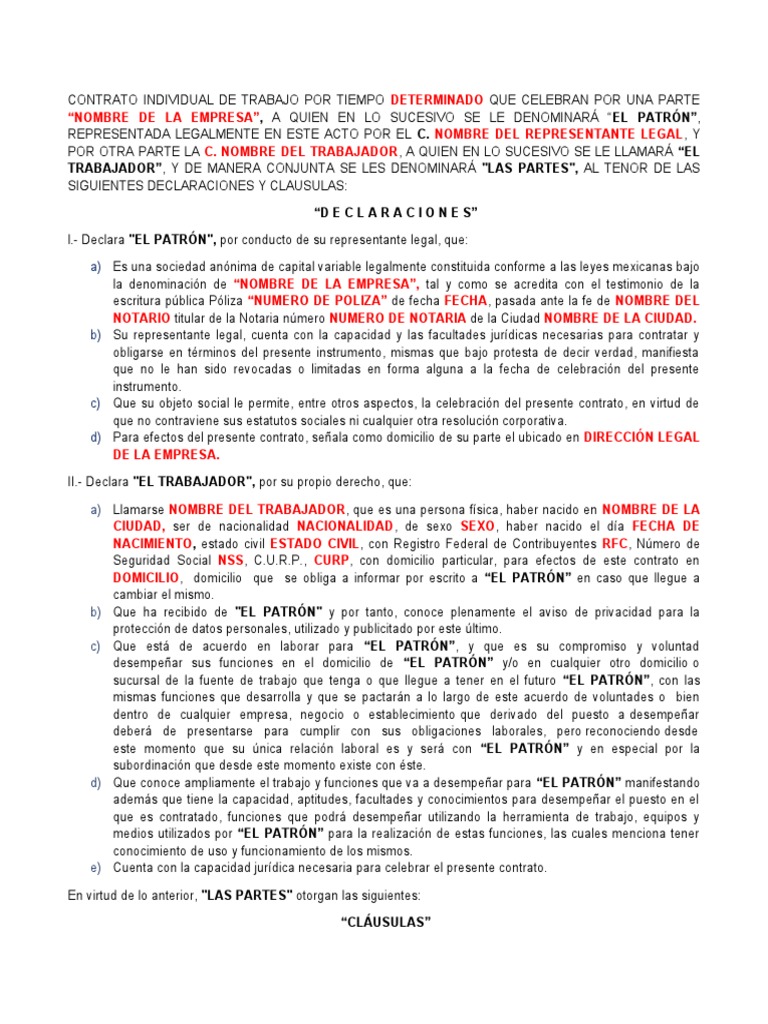 Contrato Determinado Individual de Trabajo | PDF | Tiempo de trabajo ...