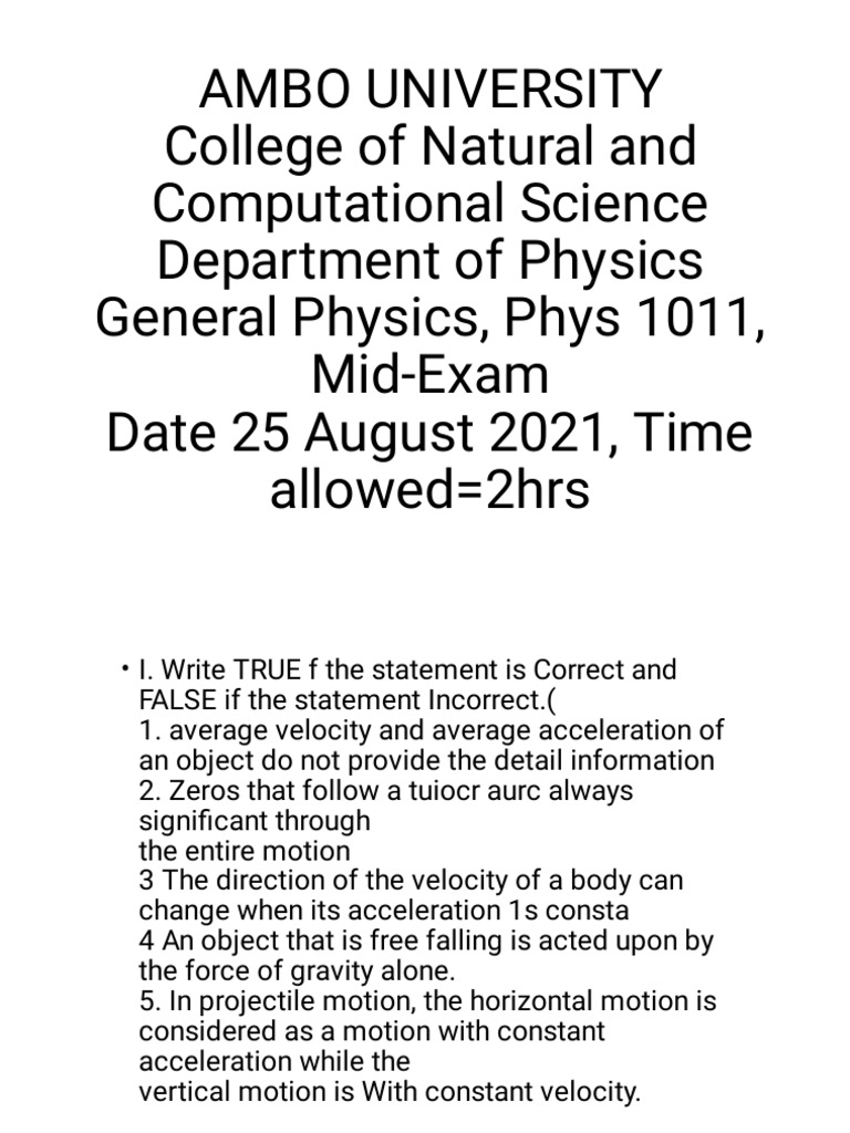 (YDM) Ambo University Phy Exam | PDF | Acceleration | Weight