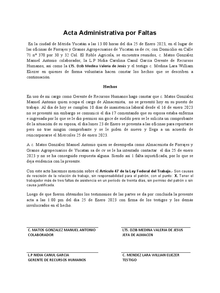 Acta Administrativa Por Faltas | PDF