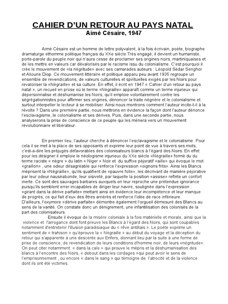 Analyse de "Cahier d'un retour" | PDF | Histoire | Poésie