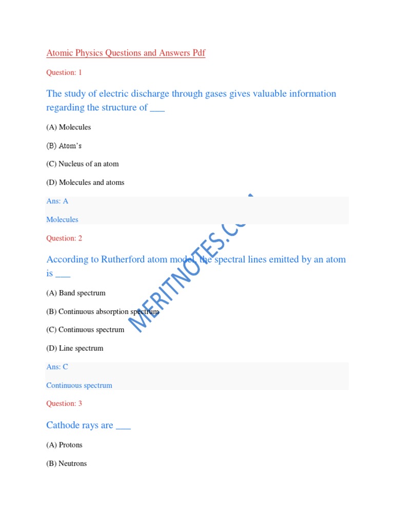 Atomic Physics Questions Answers | PDF