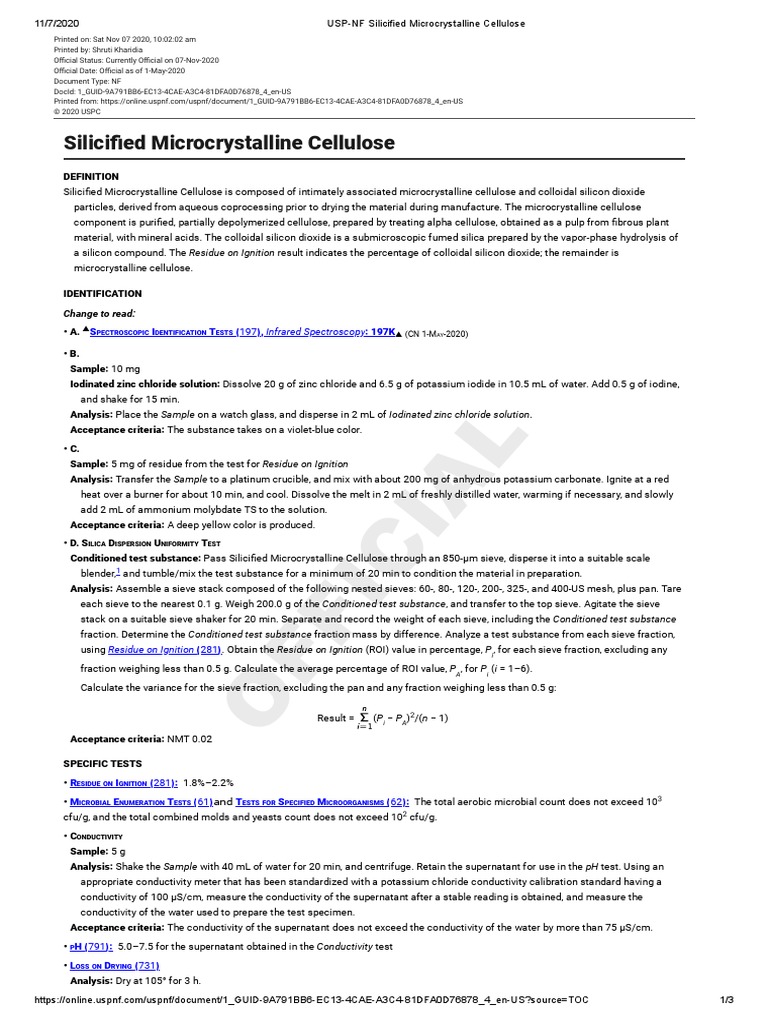 USP-NF Silicified Microcrystalline Cellulose | PDF | Silicon Dioxide ...