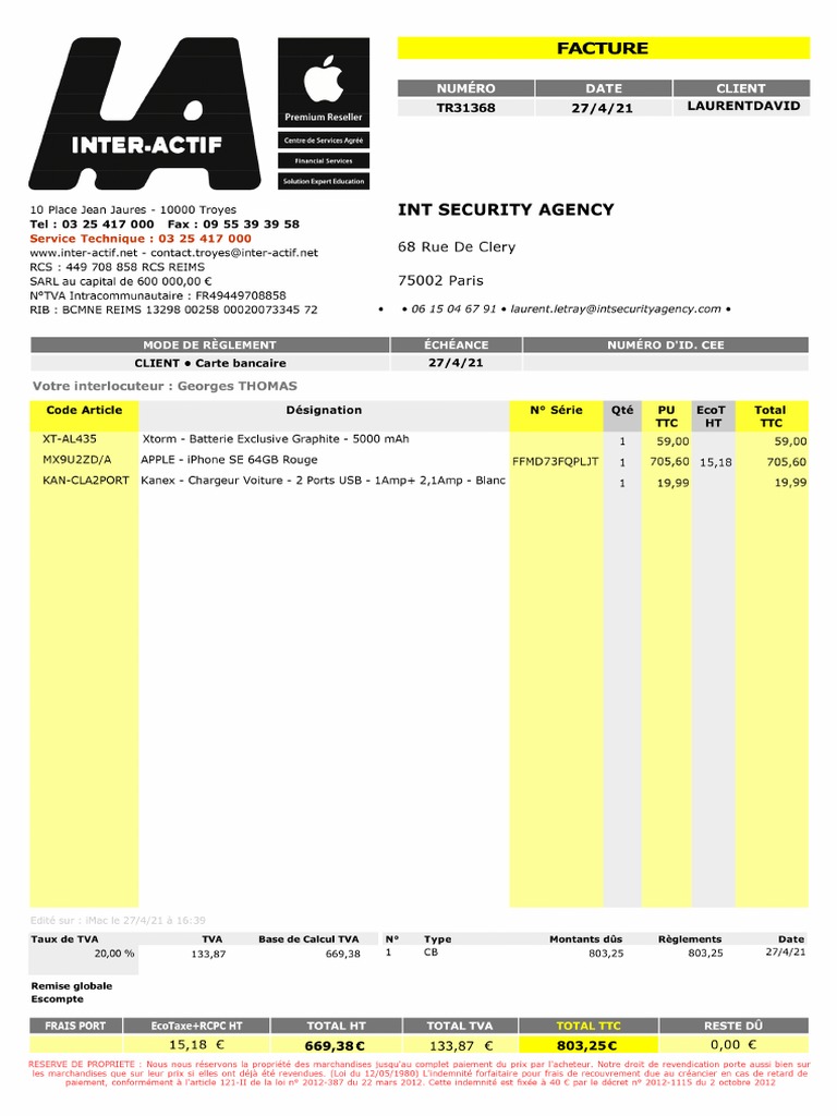 Facture Inter Actif Iphone SE | PDF