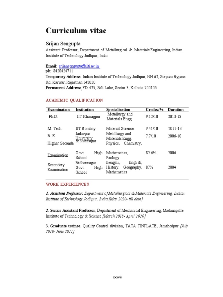 Curriculum Vitae of Dr. Srijan Sengupta: An Expert in Materials Engineering and Battery ...