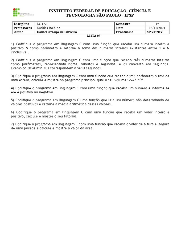 Lg1a1 Lista7 | PDF | Ponteiro (programação de computadores) | C ...