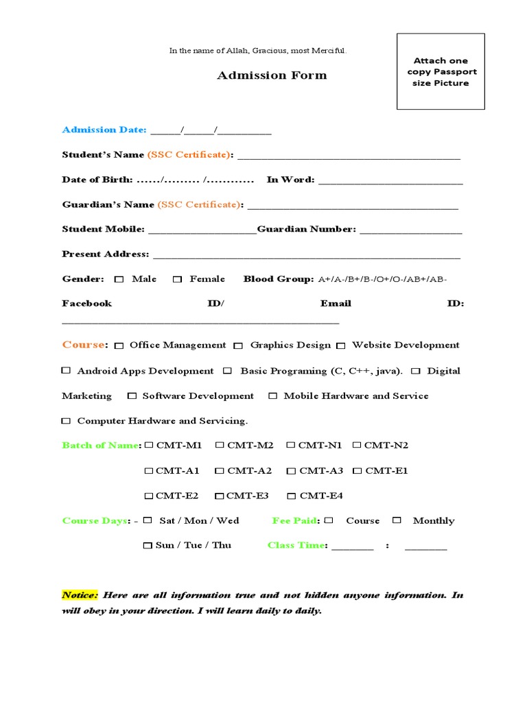 Admission Form | PDF